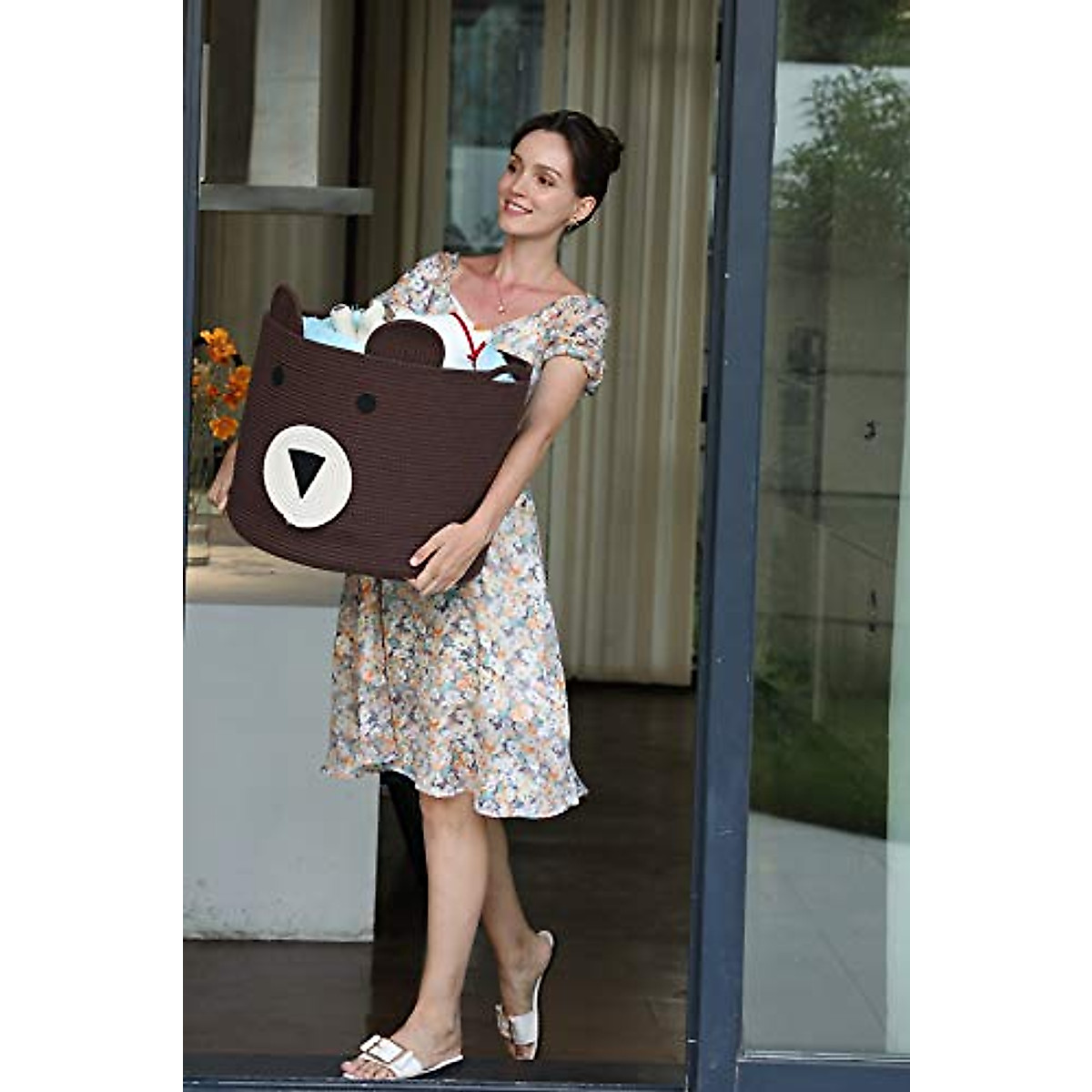 Bear Basket, Animal Basket, Large Cotton Rope Basket, Large Storage Basket, Woven Laundry Hamper, Toy Storage Bin, for Kids Toys Clothes in Bedroom, Baby Nursery, Dark Brown 18"x15"