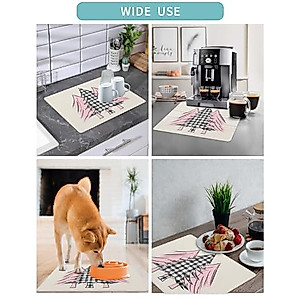 Coffee Mat for Counter, Pink and Black White Plaid Christmas Tree Absorbent Hide Stain Coffee Bar Mat, Non-slip Coffee Bar Accessories Kitchen Drying Mat Fit Under Coffee Maker Espresso Machine