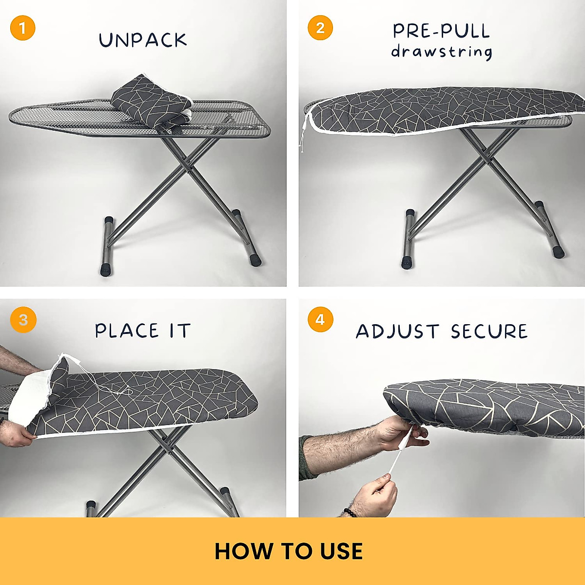 SAVUK Ironing Board and Cover Drawstring Tightening with Thick Felt Padding Scorch Resistant Easy Fit Heavy Reflective Duty Adjustable 3 Layer Standart Size 15x54 inch(Geometric Grey)