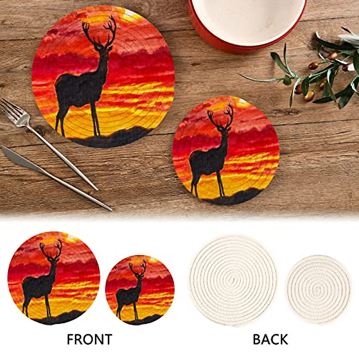 ALAZA Deer and Beautiful Sunset Red Sky Trivets for Hot Dishes 2 Pcs,Hot Pad for Kitchen,Trivets for Hot Pots and Pans,Large Coasters Cotton Mat Cooking Potholder Set