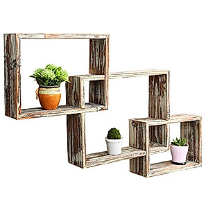 MyGift Wall Mounted Torched Wood Interlocking Floating Shelves, Shadow Box Display Wall Shelf, Set of 3