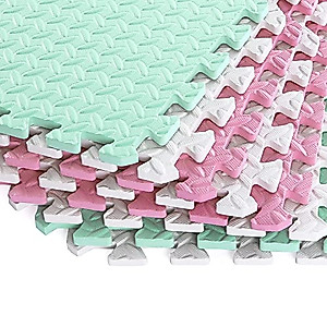Tamiplay 16 Tiles Foam Play Mat, 0.4 Inch Thicked Interlocking Floor Mats with Solid Colors, Squares Baby Play Mat, EVA Foam Puzzle Floor Mat Foam Mats for Kids, Baby, Toddlers(White/Pink/Bean Green)