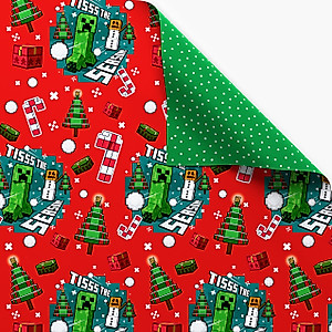 American Greetings Reversible Christmas Wrapping Paper for Kids, Minecraft and Polka Dots (1 Roll, 75 sq. ft.)