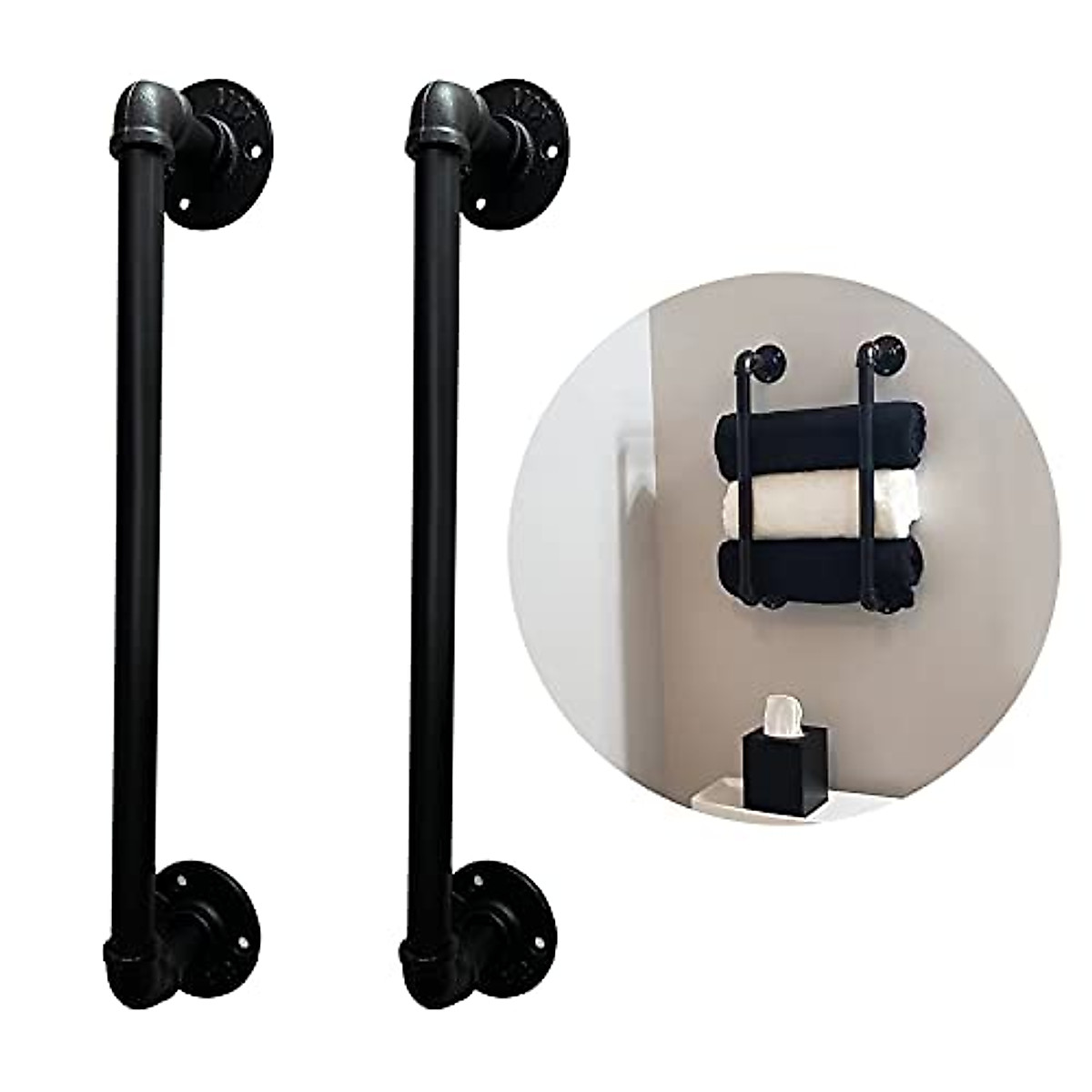 Industrial Steel Pipe Towel Rack Holder,Wall Mounted Heavy Duty Towel Bar, Matte Black Finish Hand Towel Rod for Bathroom(2 Pack) (12inch)