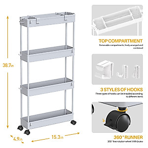 SPACELEAD Slim Storage Cart 4 Tier,Bathroom Organizer Rolling Utility,Mobile Shelving Unit Slide Out for Office, Kitchen, Laundry Room & Narrow Places,Gray