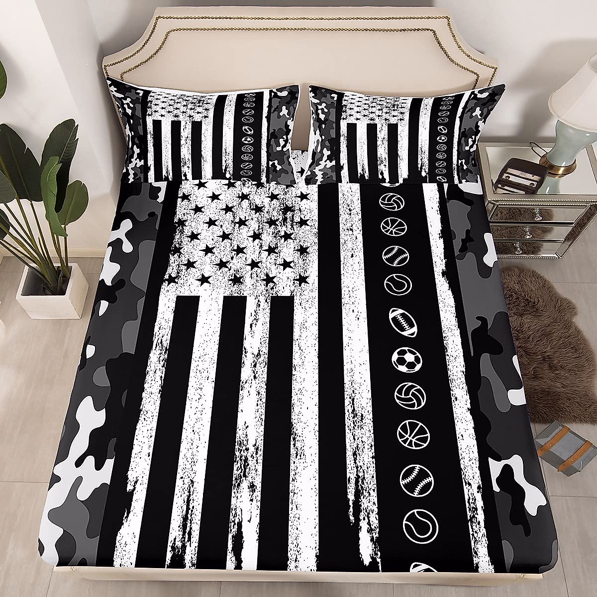 Feelyou Black Camo Bed Sheet Set Camouflage Bedding Set Military Style Fitted Sheet Baseball Football Flat Sheet for Kids Boys Girls Adults Full Size with 2 Pillow Case