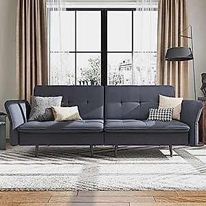 HONBAY Folding Futon, Convertible Sleeper with Adjustable Back, Tufted Sofa Couch Bed for Small Space, Bluish Grey