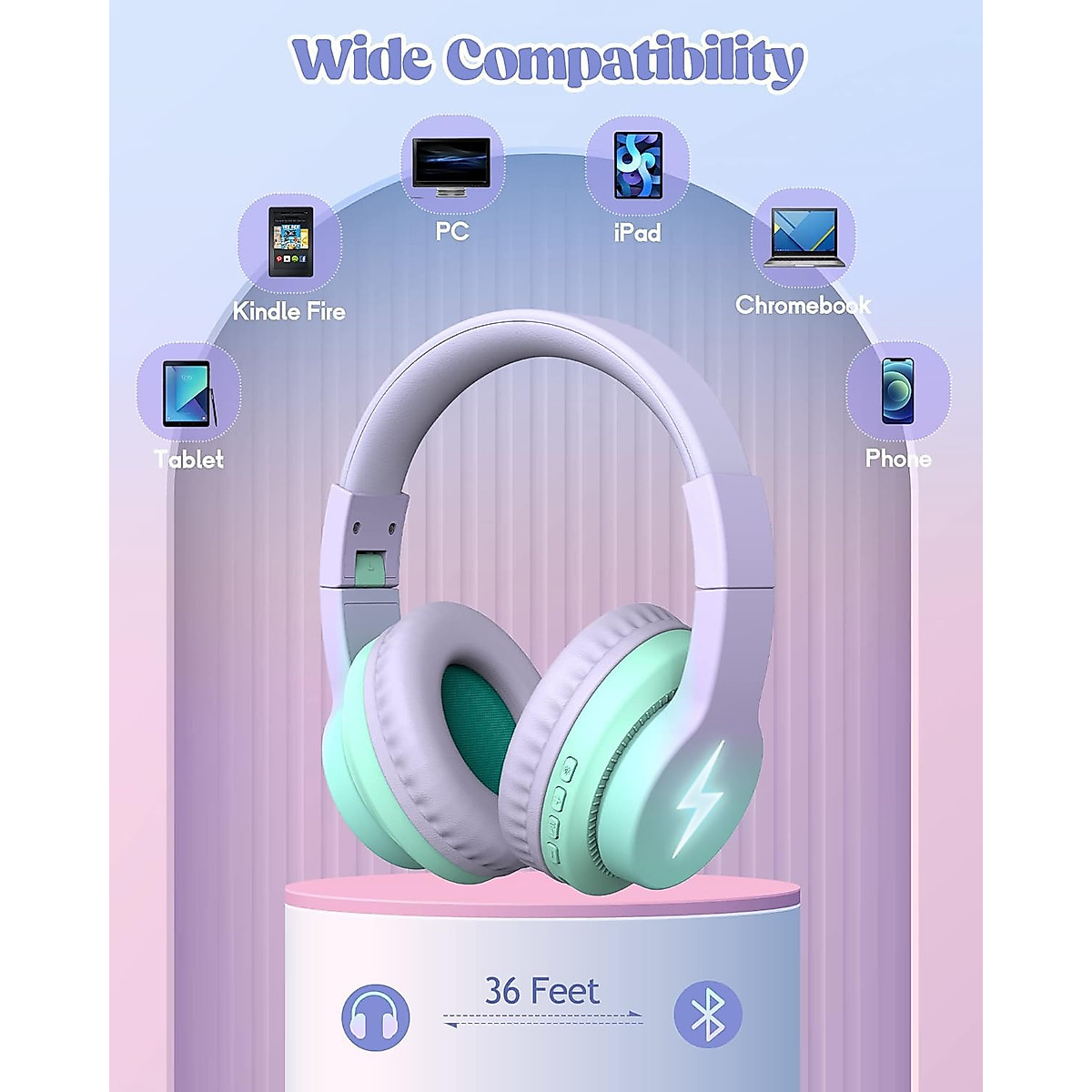 Kids Bluetooth Headphones, Colorful Wireless Over Ear Headset with LED Lights, Built-in Mic, 45H Playtime, 85dB/94dB Volume Limited Headphones for Boys Girls iPad Tablet School Airplane Green Purple