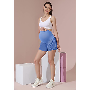 Maacie Women Maternity Layered Fast Drying Yoga Shorts with Liner Inner Pocket Hydrangea Blue