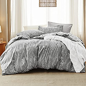 Bedsure Queen Comforter Set - Grey Comforter, Cute Floral Bedding Comforter Sets, 3 Pieces, 1 Soft Reversible Botanical Flowers Comforter and 2 Pillow Shams