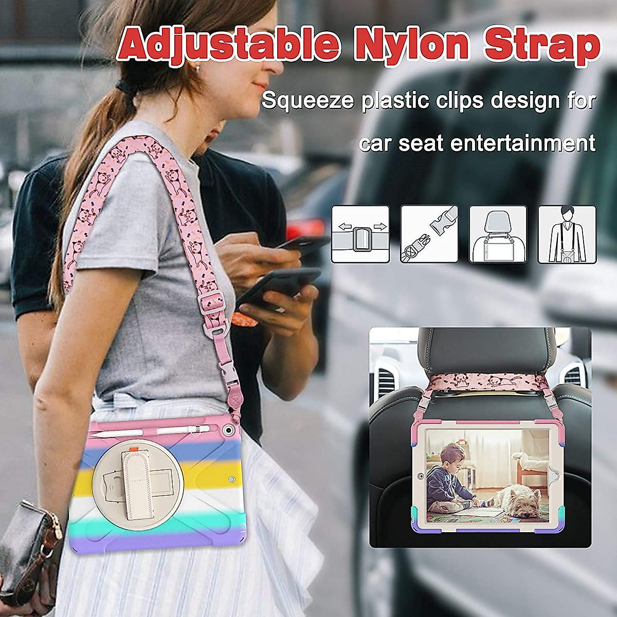 TSQQST iPad 9th 8th 7th Generation Case for Kids Girls 2021 2020 2019 | iPad Case 10.2 Inch Pink Colorful Cute w/Pencil Holder Screen Protector Stand Hand Shoulder Strap for iPad 9th/8th/7th Gen