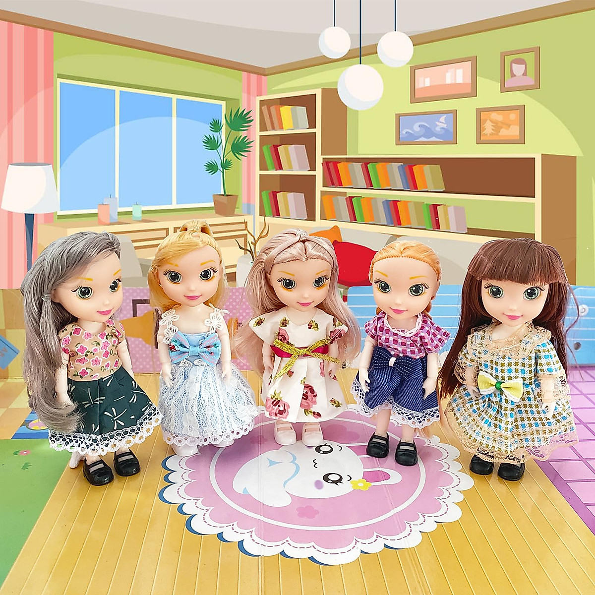 JING SHOW BUSSINESS 5 Sets Doll Clothes for 6 inch Mini Doll ，Include 5 Pieces Girl Mini Dolls, 5 Sets Handmade Doll Clothes and 5 Pairs of Doll Shoes