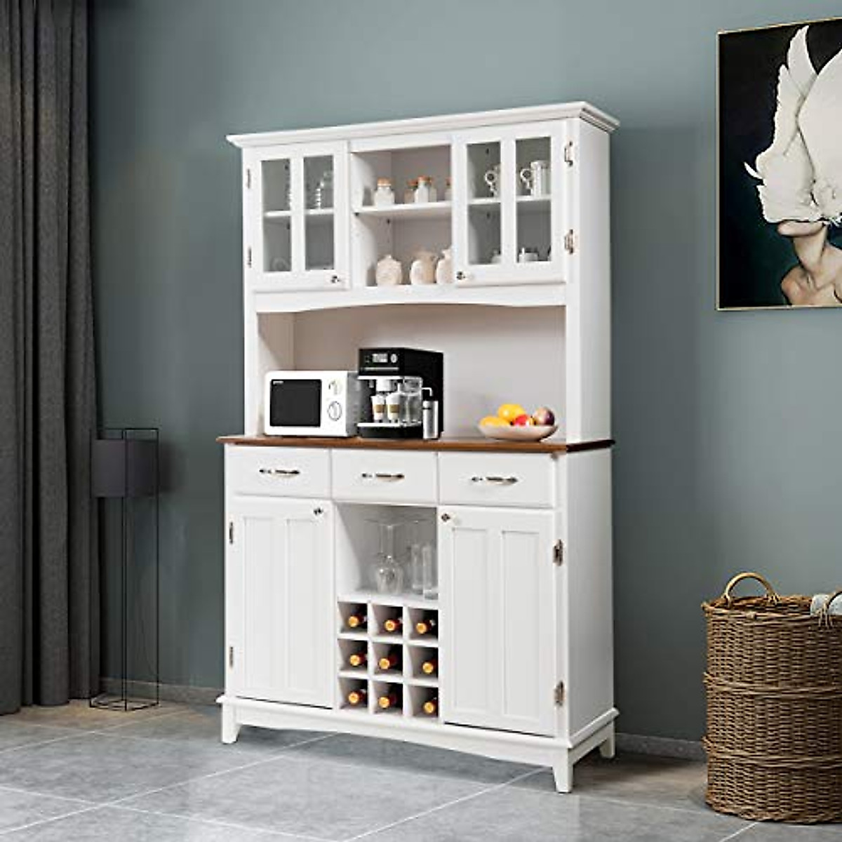 Giantex Buffet Hutch Cabinet, Kitchen Hutch Sideboard, Buffet Cabinet on Storage Island, Wood Kitchenware Server with 3 Large Drawers and 9 Wine Bottle Modulars (White)