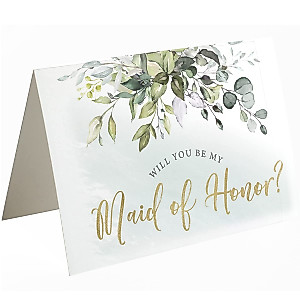 Printed Party Bridemaid Proposal Kit, 16 Cards and Envelopes, Greenery Eucalyptus, Includes Maid of Honor, Matron of Honor, and Flower Girl