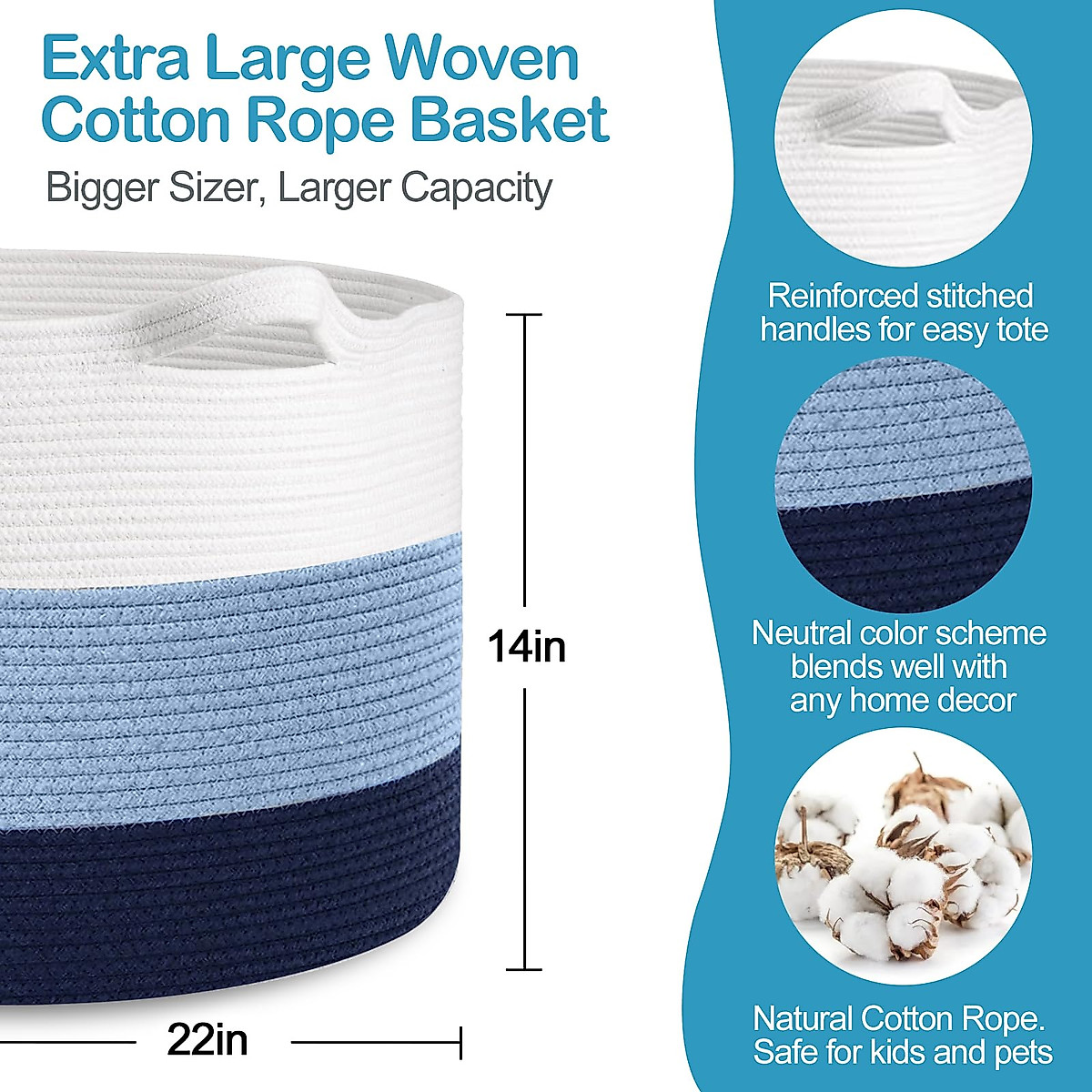 MEGASKET Large Kids Toy Basket, 22" X 14" Soft Cotton Rope Basket, Toy Storage Organizer Bins for Kids, Big Kids Room Nursery Organization, Dog Toy Stuffed Animal Basket, Baby Toy Boxes Extra Large