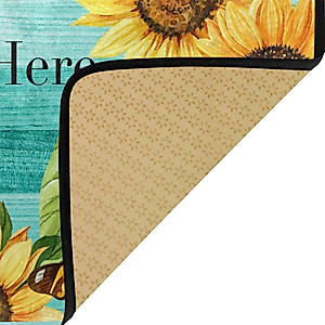 Custom Personalized Kitchen Rugs Teal Sunflowers Butterfly Doormat Floor Mats Kitchen Mat Non Slip Bath Rug Carpet for Entryway Living Room Bedroom Home Decor 39 X 20 Inch