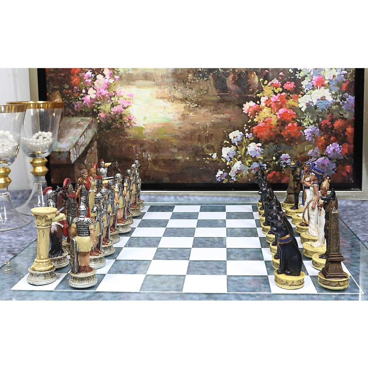 Ebros Gift Historical Themed Chess Set Egyptian Ptolemaic Pharaoh Army VS Augustus Caesar Roman Empire Centurions Resin Sculpted Chess Pieces with Checker Frosted Glass Board Gaming Set