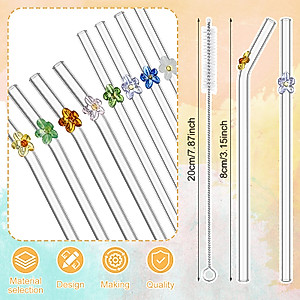 Colorful Flower Shatter Resistant Bend Glass Drinking Straws Smoothie Straws for Milkshakes 7.8 x 3 Inch Glass Straws with Cleaning Brush Clear Reusable Straws Long Glass Straws for Drink (8)