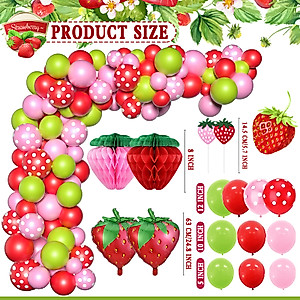 Strawberry First Birthday Party Decoration Pack for Girls Sweet One Shortcake Party Supplies 84 Pcs (Backdrop, Tablecloth, Banner, Crown, Cupcake Toppers, Honeycomb Decor, Balloons) (Sweet One)