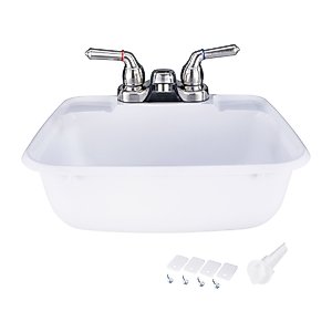 RecPro RV Rectangle Bathroom Sink (White) w/Brushed Nickel Teapot Faucet | RV Lavatory Sink w/faucet | Camper Sink