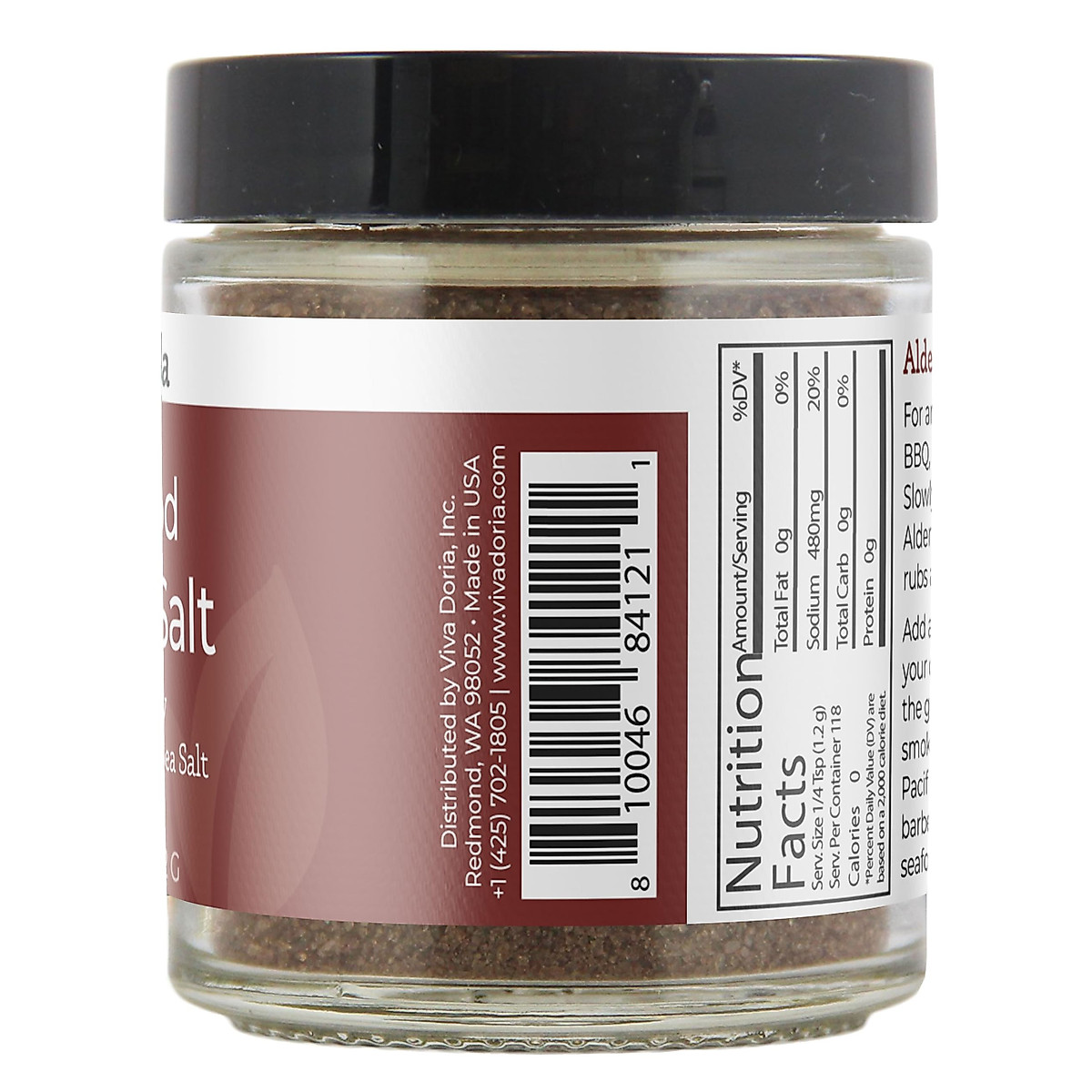 Viva Doria Alder Smoked Sea Salt, Alderwood Smoked Salt, Fine Grain, 5 Oz Glass Jar