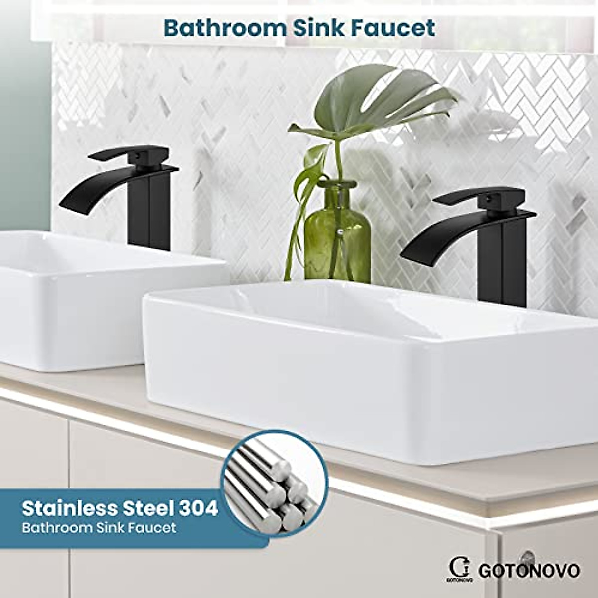 Vessel Sink Faucet Waterfall Spout Deck Mount Bathroom Matte Black Stainless Steel 304 Bowl Basin One Hole One Handle Mixer Tap with Pop Up Drain