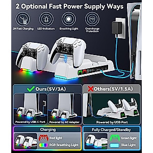 PS5 Stand and Cooling Station with AC Adapter, PS5 Cooling Fan with RGB LED Controller Charging Station for Playstation 5 Console, PS5 Accessories with Controller Charger, 3 USB Hub, Headset Holder