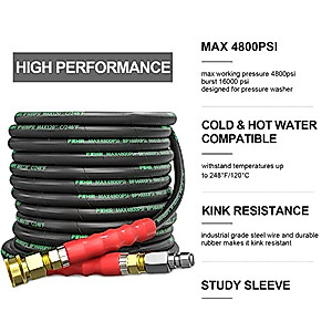 POHIR 3/8" Pressure Washer Hose 50 FT for Cold and Hot Water Max 248°F with Quick Connect, 4800psi Kink Resistant Industry Grade Steel Wire Braided Synthetic Rubber Jacket with 2 M22 14mm Adapter Set