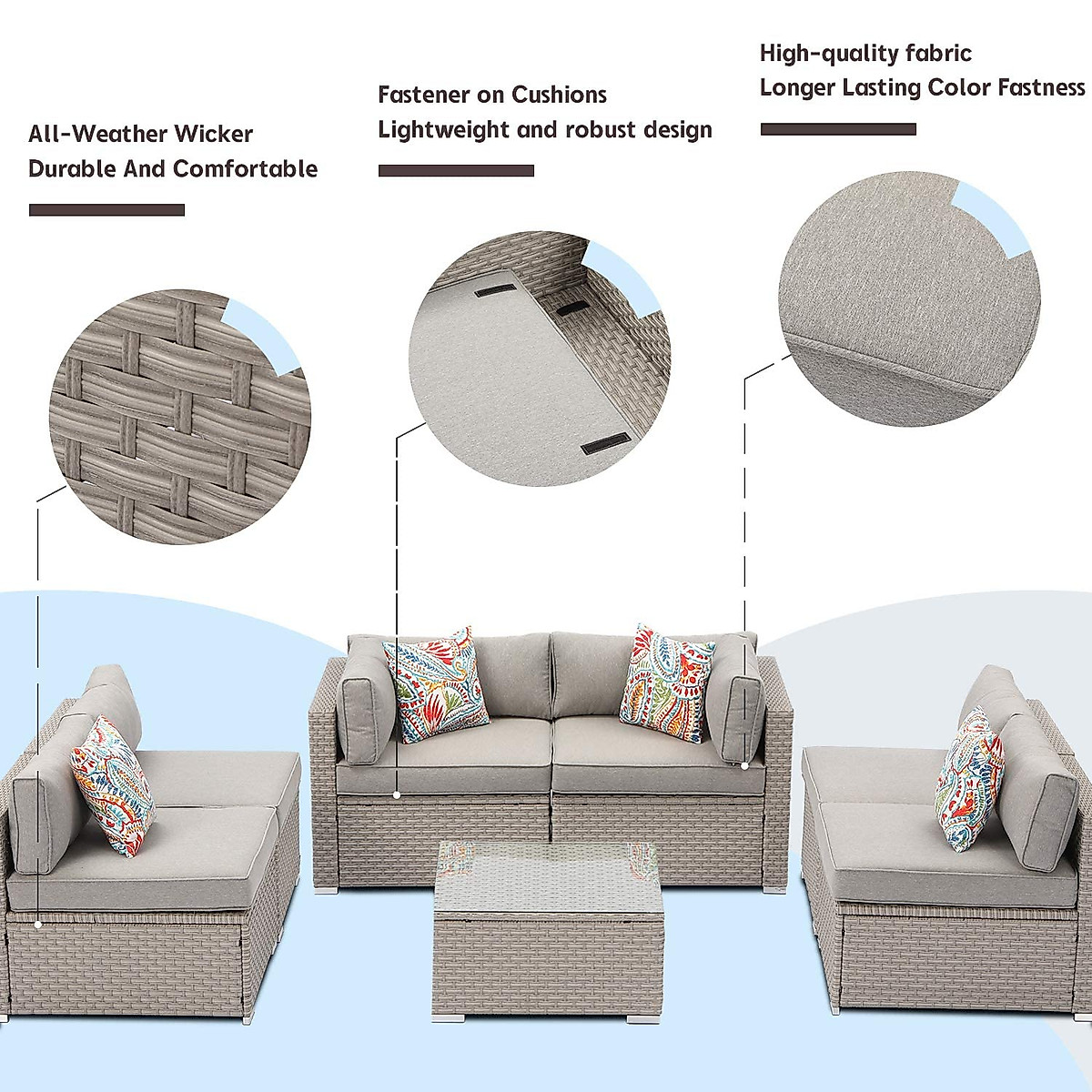 SUNBURY 7-Piece Outdoor Sectional Wicker Sofa in Gray Cushions, Gray Wicker Patio Furniture Set w Glasstop Table for Backyard Garden Porch