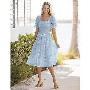 MEROKEETY Women's 2023 Summer Casual Bubble Sleeve Smocked Boho A-Line Pleated Chiffon Dresses, Blue, L
