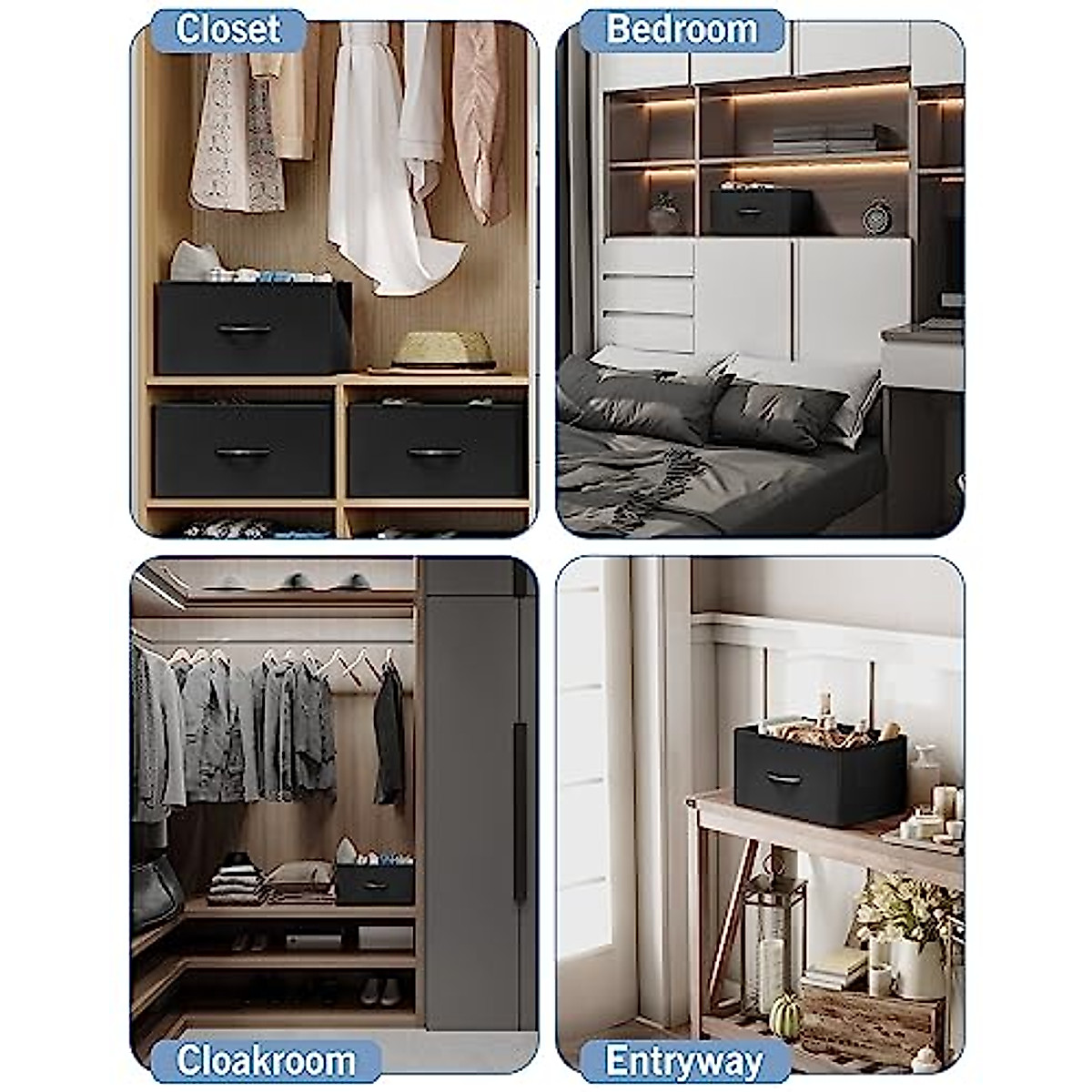 Crestlive Products Fabric Dresser Drawers with Wood Handles, Closet Storage Organizer Bin for Clothes Underwear Bras Socks, Foldable Containers for Bedroom, Hallway, Entryway - Set of 2, Black