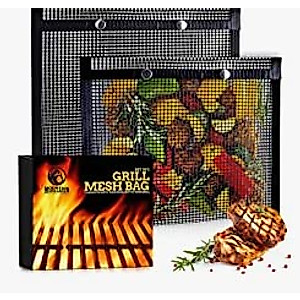 Grill Mesh BBQ Bags LARGE and MEDUIM - Reusable, Non-Stick Barbecue Grilling Pouches - Heat-Resistant, Easy to Clean Accessories - Ideal for Outdoor Electric, Gas, Charcoal Grills | Set of 2
