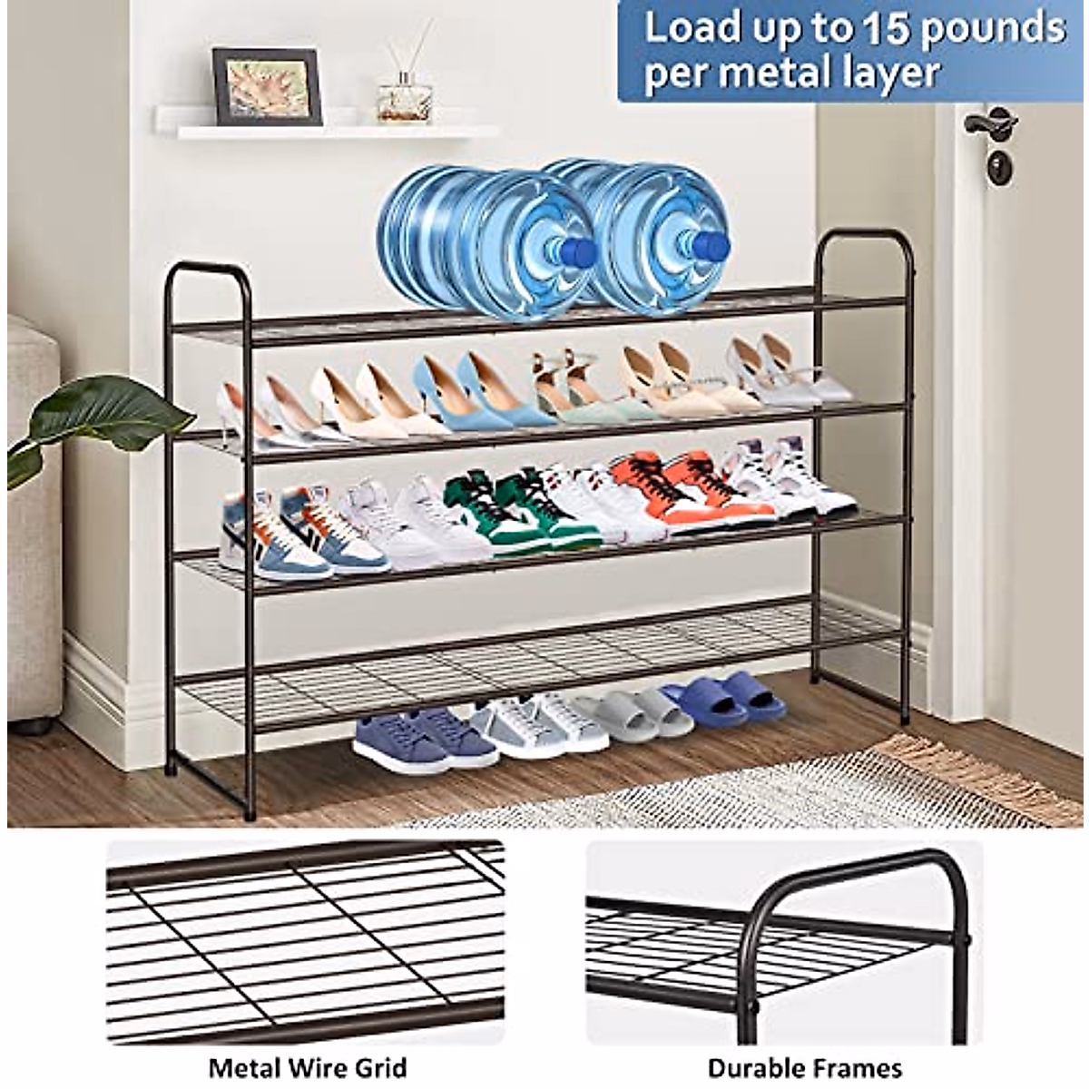 AOODA 28 Large Mesh Pockets Over The Door Shoe Organizer, 4 Tier Long Metal Shoe Organizer for Closet, 2 Item Bundle