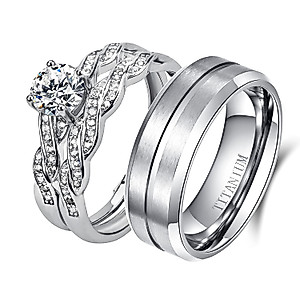 His And Hers Promise Ring Adjustable size Wedding Ring Sets His And Hers Couples Women 925 Sterling Silver Round Cz Man Titanium Wedding Bands