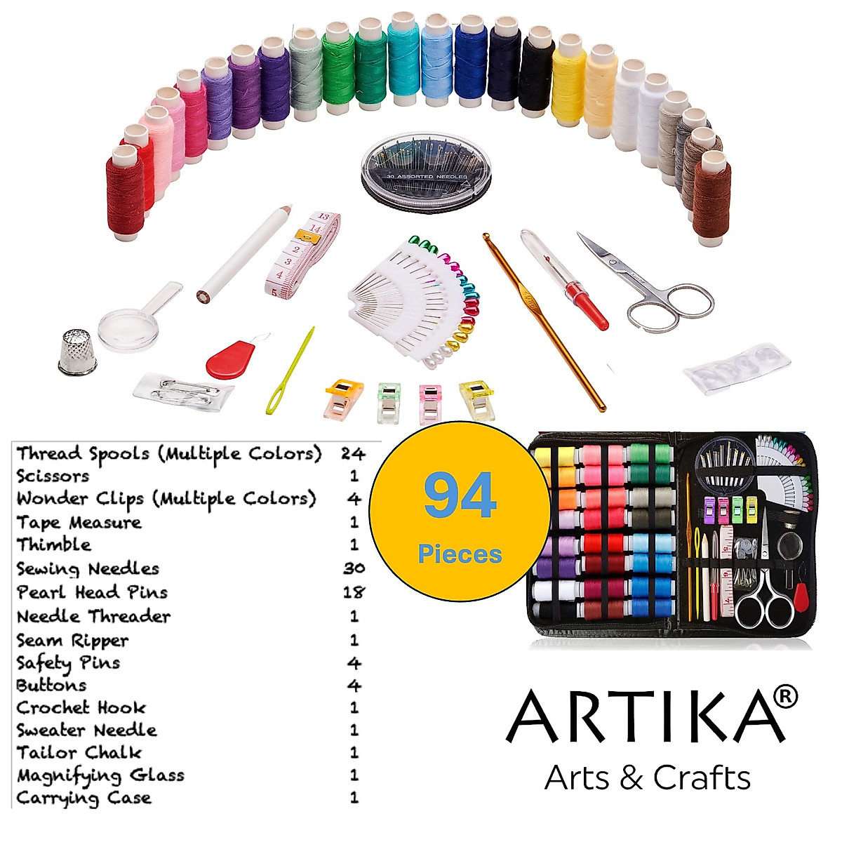﻿﻿ARTIKA Sewing Kit for Adults and Kids - Small Beginner Set w/ Multicolor Thread, Needles, Scissors, Thimble & Clips - Emergency Repair and Travel Kits - Sewing Accessories and Supplies