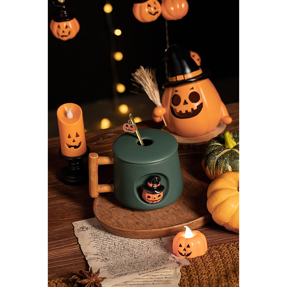DIHOclub Adorable 3D Ceramic Pumpkin Head Mug with Lid and Spoon - Perfect for Coffee, Tea, Milk, and More - Ideal Gift for Halloween - 14 Ounces (HalloweenG)