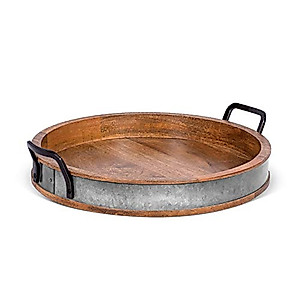 BIRDROCK HOME Wooden Serving Tray with Handles - Iron Accents - Round Barrel Top Breakfast Trays - Tea Cheese Board - Coffee Table Décor - Natural Wood with Iron - Kitchen - Bar - Large