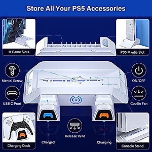 PS5 Stand and Cooling Station with Dual PS5 Controller Charging Station for Playstation 5 PS5 Console Disc/Digital Edition, PS5 Accessories, Cooling Fan, Headset Holder, 11 Game Slots, White