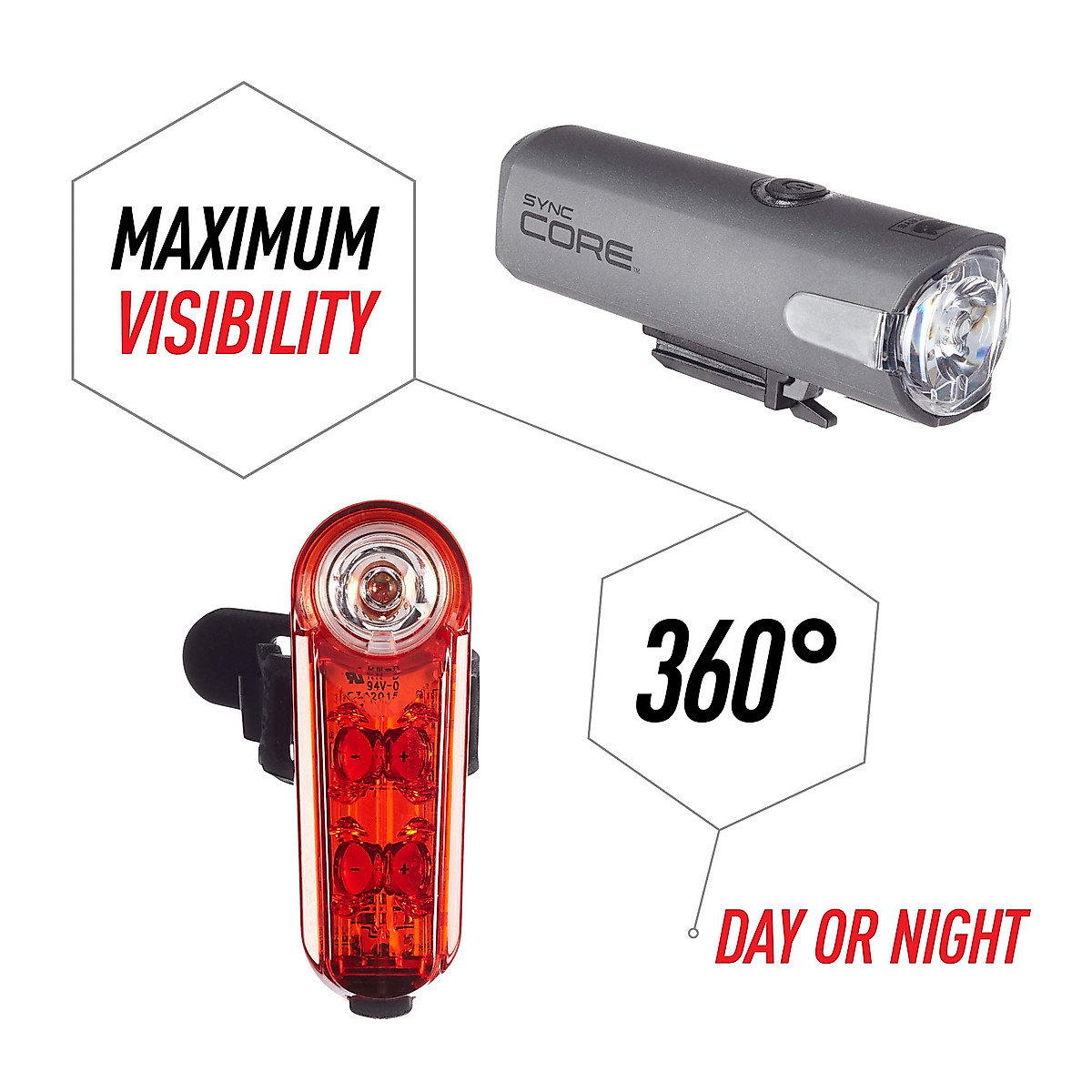CATEYE, SYNC Core Headlight and Kinetic Rear Light Combo Kit, High Power LED Rechargeable Bike Lights, includes Mounting Hardware