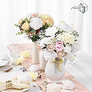 Yastouay 50Pcs 3.5inch Foam Rose Heads White Artificial Flowers Bulk Fake Foam Roses Stemless with Rhinestones & Butterfly for DIY, Baby Bridal Shower Cake Home Wedding Decor