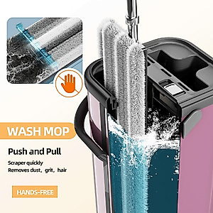 SWIFTIRON Flat Mop and Bucket for Home with Extra Refills, Stainless Steel Mop and Bucket with Wringer, Hands-Free Mop, Wet and Dry Use Mop with Long Handle (Purple)