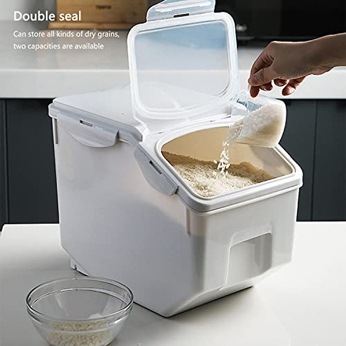 ACGrade Rice Container, Rice Dispenser Container, Clamshell Rice Container, 10kg/15kg Rice Container, Kitchen Container Barrel, Rice Storage Container Plastic, for Whole Grains, Gray, 10.6x13x9in