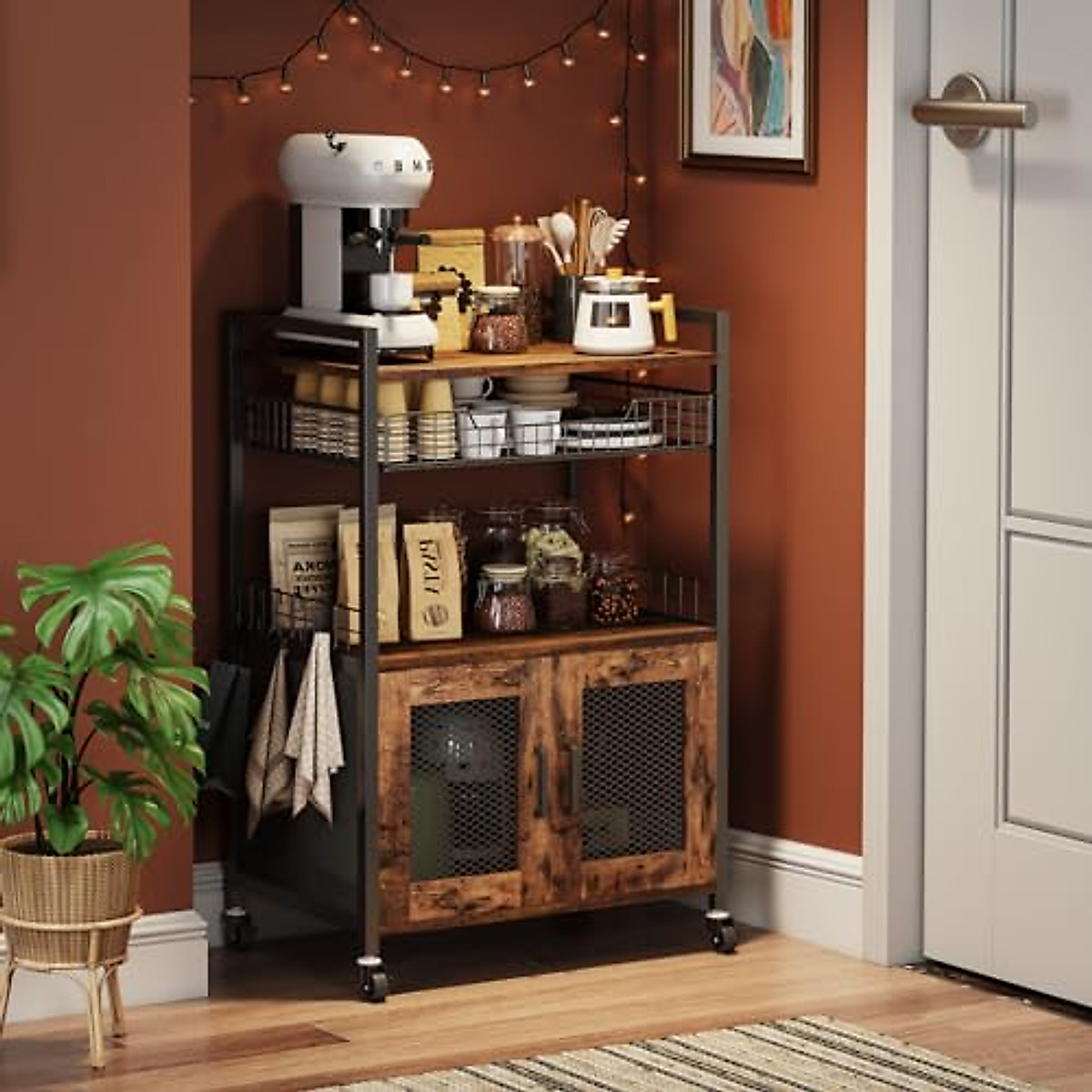 Hencawima Coffee Bar Cabinet, 3 Tier Coffee Station Table on Wheels, Bar Cart with Wire Basket Drawer & 5 Hooks for Home Kitchen, Liquor Buffet Sideboard Cabinet (Rustic Brown)