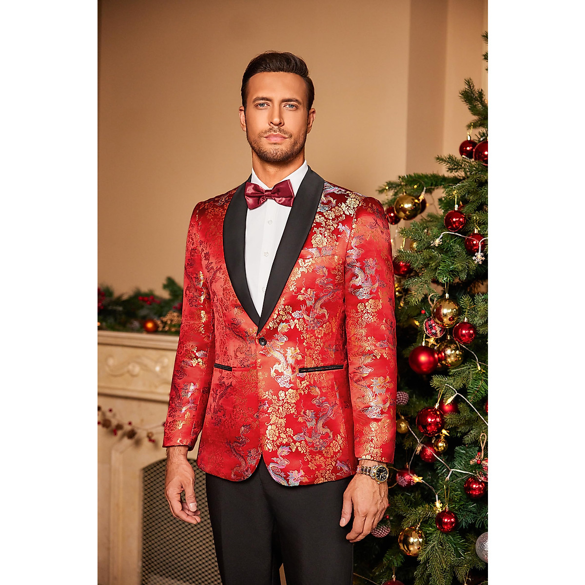 Coofandy Men's Stylish Dragon Floral Suits Fashion Slim Fit One-Button Blazer Jacket, Red, XX-Large