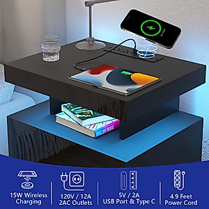 HOMMPA LED Nightstand with Wireless Charging Station & USB Ports High Gloss Bedside Table with LED Light RGB Adjustable Brightness Smart Nightstand 2 Drawers Night Stand for Bedroom Black