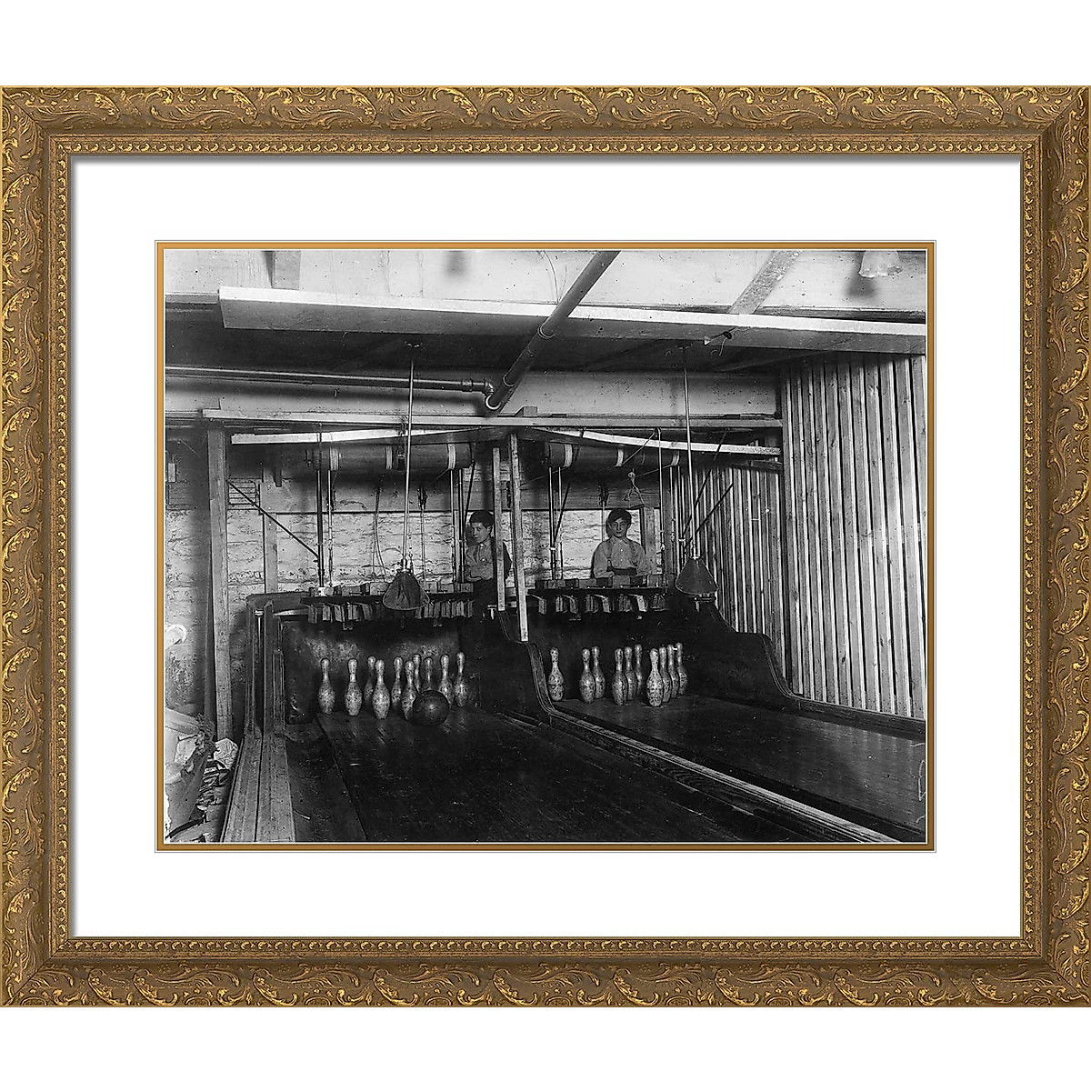 ArtDirect Hine, Lewis Wickes 24x20 Gold Ornate Framed Art Print with Double Matting Titled: Bowling Alleys Connected With Geo P. Grays Bastable Cafe