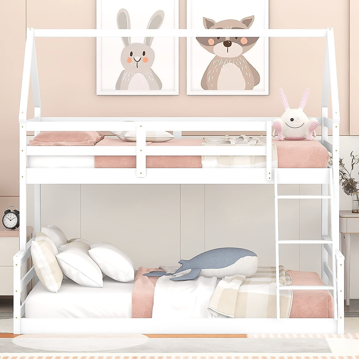 Harper & Bright Designs Low Twin Over Full House Bunk Beds, Wood Bunk Beds with Roof and Guard Rail, House Bed Built-in Ladder for Kids, Teens, Boys, Girls (White)