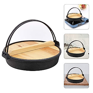 Japanese Style Cast Iron Sukiyaki Nabe Pot Set Single Serving Shabu Shabu Hot Pot Pan with Wooden Lid for BBQ Picnic Camping-7.8Inch