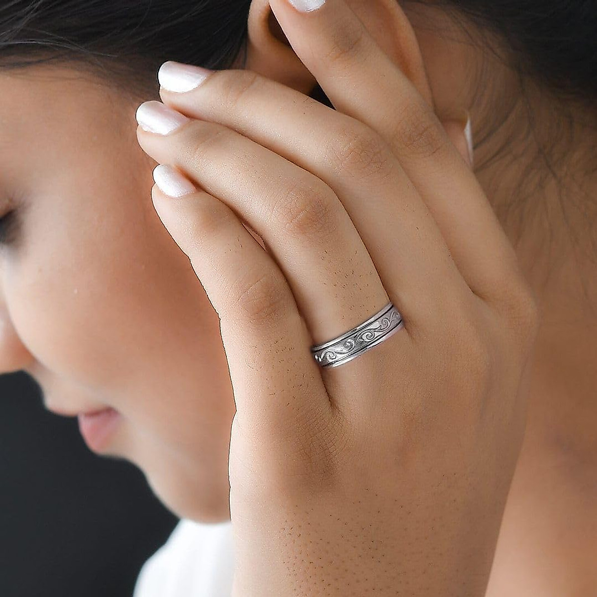 Shop LC Spinner Ring for Women - Spinning Anxiety Ring for Men - Wedding Band 925 Sterling Silver Platinum Plated Scrollwork Jewelry Stress Relief Gifts for Women Size 8 Engagement Bridal