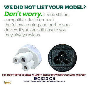 Ipax 15 Feet Long White AC Power Supply Cord Cable Compatible with for LG 32LB560B LG 42LB5600 LG 42LB5800 LG 42LF5600 UB LG 42LN5300 LG 47LN5400 LG 49LB5550 LG 55LF6000 LG 60LN5400 HD TV